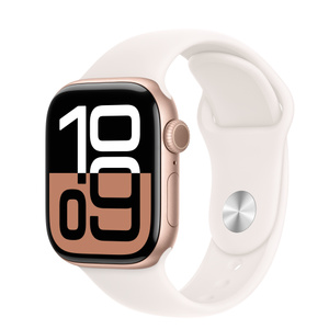 Apple Watch Series 10 (GPS)；42 公釐玫瑰金色鋁金屬錶殼；淡胭粉色運動型錶帶 - S/M - Apple (台灣)