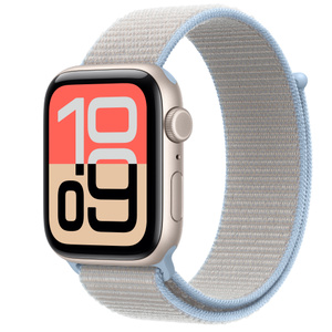 Apple Watch SE 3 GPS + Cellular, 44mm 스타라이트 알루미늄 케이스, 그리고 블루 미스트 스포츠 루프 ...